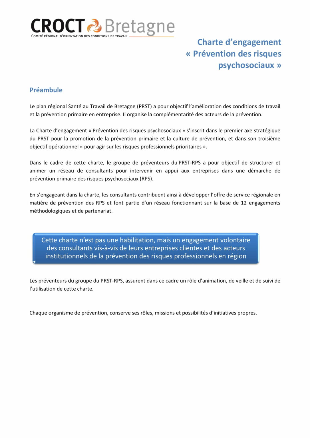 Charte régionale de prévention des RPS en Bretagne